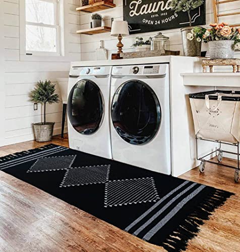 Boho Kitchen Rug Runner 2.3'x5.3' Bathroom Rugs with Tassels,Black Moroccan Farmhouse Cotton Bath Mat Woven Chic Cute Throw Sink Rug Washable for Hallway Bedroom Living Room Indoor Outdoor Decor