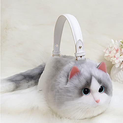 Trispu Simulation 3D Cat Bag,Handbag Crossbody Bags For Women,Faux Fur Plush Zipper Satchels (Color : Silver, Size : 18cm/7inch)