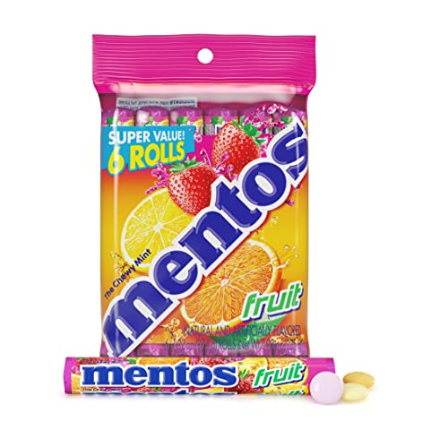 Mentos Candy, Mint Chewy Candy Roll, Fruit, Non Melting, 1.32 Oz (Pack of 6)