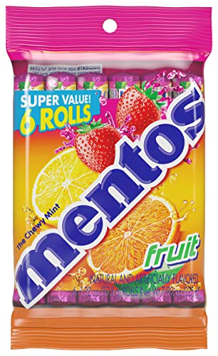 Mentos Candy, Mint Chewy Candy Roll, Fruit, Non Melting, 1.32 Oz (Pack of 6)