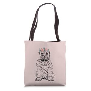 shar pei with floral headband dog mom tote bag