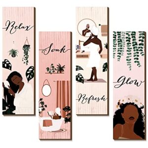 4 pieces bathroom wall decor pink bathroom decor boho bathroom decor bathroom decor wall art print black women bathroom signs african american wood plaque bathroom hanging decors for home girls spa