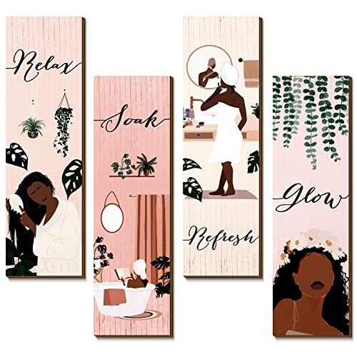 4 Pieces Bathroom Wall Decor Pink Bathroom Decor Boho Bathroom Decor Bathroom Decor Wall Art Print Black Women Bathroom Signs African American Wood Plaque Bathroom Hanging Decors for Home Girls Spa