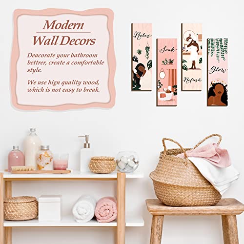 4 Pieces Bathroom Wall Decor Pink Bathroom Decor Boho Bathroom Decor Bathroom Decor Wall Art Print Black Women Bathroom Signs African American Wood Plaque Bathroom Hanging Decors for Home Girls Spa