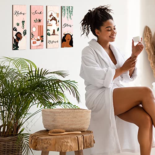 4 Pieces Bathroom Wall Decor Pink Bathroom Decor Boho Bathroom Decor Bathroom Decor Wall Art Print Black Women Bathroom Signs African American Wood Plaque Bathroom Hanging Decors for Home Girls Spa