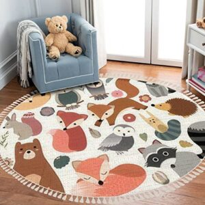 dnewynpabv round rugs woodland animals cute forest design elements boho area rug linen and cotton carpet meditation rug washable hallway runner mat accent rug for bedroom bathroom 3ft