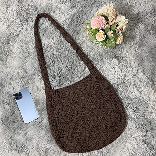 JQWYGB Women's Shoulder Handbag - Crochet Purse Beach Bag Cute Knit Tote Bags Aesthetic Boho Bag for Vacation Travel (Coffee)