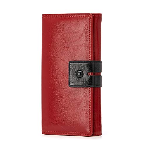 Botimmy Retro Womens Wallet Large Capacity Vegan Leather Wallet for Women Bifold Zipper Wallet with id Window-Red