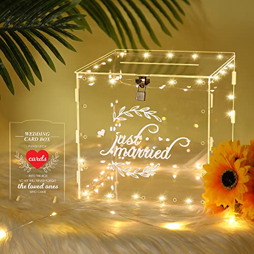 Meonum Acrylic Wedding Card Box for Reception Just Married Clear Wedding Card Holder with 8 Modes String Light and Card Sign, DIY Envelope Gift Card Container with Lock for Bridal Decoration