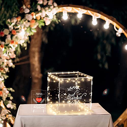 Meonum Acrylic Wedding Card Box for Reception Just Married Clear Wedding Card Holder with 8 Modes String Light and Card Sign, DIY Envelope Gift Card Container with Lock for Bridal Decoration