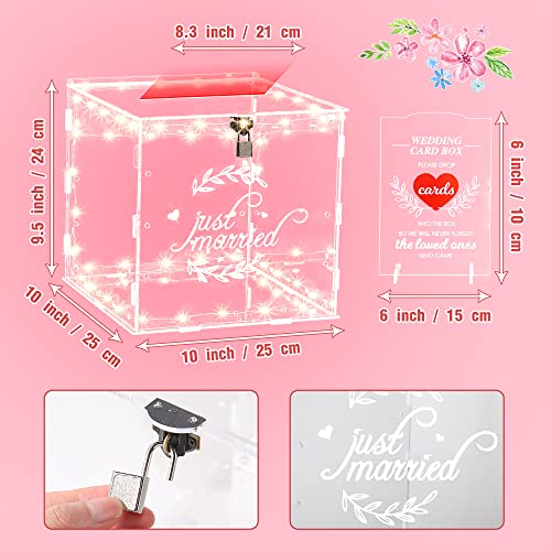 Meonum Acrylic Wedding Card Box for Reception Just Married Clear Wedding Card Holder with 8 Modes String Light and Card Sign, DIY Envelope Gift Card Container with Lock for Bridal Decoration