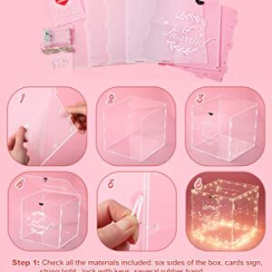 Meonum Acrylic Wedding Card Box for Reception Just Married Clear Wedding Card Holder with 8 Modes String Light and Card Sign, DIY Envelope Gift Card Container with Lock for Bridal Decoration