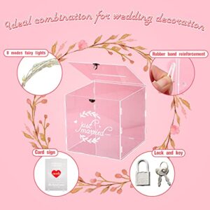 Meonum Acrylic Wedding Card Box for Reception Just Married Clear Wedding Card Holder with 8 Modes String Light and Card Sign, DIY Envelope Gift Card Container with Lock for Bridal Decoration