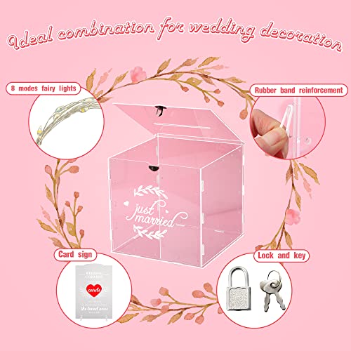 Meonum Acrylic Wedding Card Box for Reception Just Married Clear Wedding Card Holder with 8 Modes String Light and Card Sign, DIY Envelope Gift Card Container with Lock for Bridal Decoration