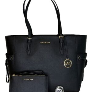 Michael Kors MICHAEL Michel Kors Gilly Large Drawstring Travel Tote bundled with Double Zip Wristlet Purse Hook (Black)