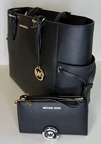 Michael Kors MICHAEL Michel Kors Gilly Large Drawstring Travel Tote bundled with Double Zip Wristlet Purse Hook (Black)