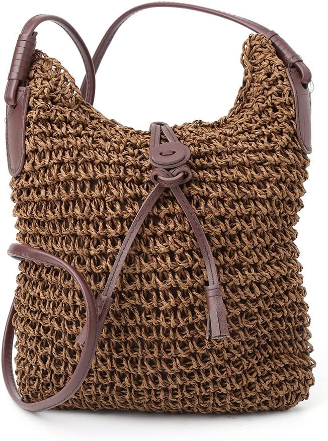 Beach Bag Straw Bags Hand-Woven Straw Bag, Women Handbag Shoulder Bag Straw Weave Tote Purse Lady Beach Hobo Bag Crossbody Coffee