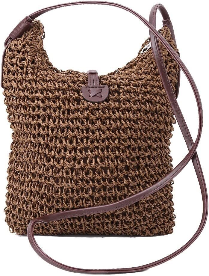 Beach Bag Straw Bags Hand-Woven Straw Bag, Women Handbag Shoulder Bag Straw Weave Tote Purse Lady Beach Hobo Bag Crossbody Coffee