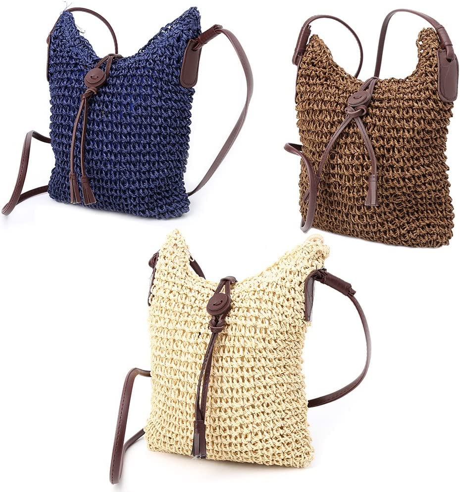 Beach Bag Straw Bags Hand-Woven Straw Bag, Women Handbag Shoulder Bag Straw Weave Tote Purse Lady Beach Hobo Bag Crossbody Coffee