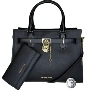 MICHAEL Michael Kors Hamilton MD Satchel bundled with Trifold Wallet and Purse Hook (Black)