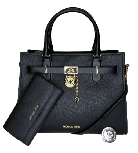 MICHAEL Michael Kors Hamilton MD Satchel bundled with Trifold Wallet and Purse Hook (Black)