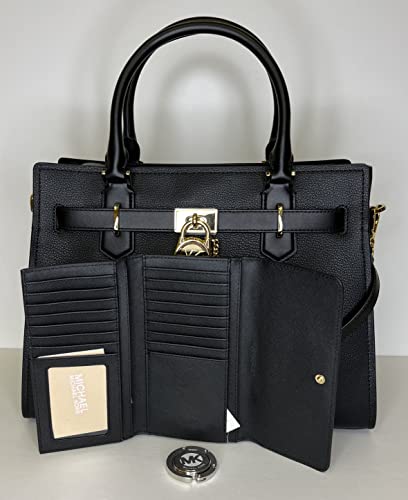 MICHAEL Michael Kors Hamilton MD Satchel bundled with Trifold Wallet and Purse Hook (Black)