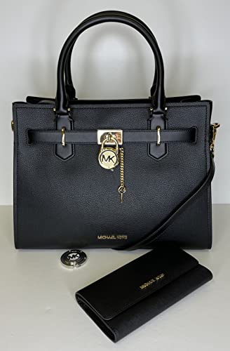 MICHAEL Michael Kors Hamilton MD Satchel bundled with Trifold Wallet and Purse Hook (Black)