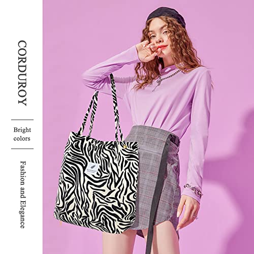 LHMTQVK Tote, Corduroy Bag Women's Shoulder Purses for Office School Shopping Travel, Zebra