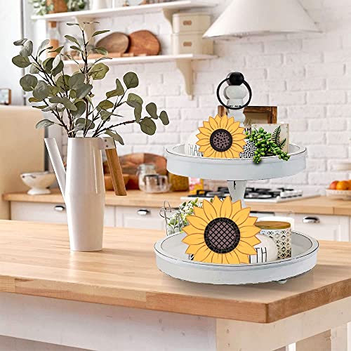 MEKOUZON Wood Sunflower Decor, Rustic Figurines Statue Ornaments for Thanksgiving, Set of 2 Wooden Blocks Farmhouse Desk Decorations for Tiered Tray, Shelf, Tabletop Fireplace