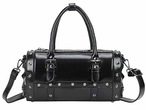 FiveloveTwo Women Handbags Shiny Paten PU Satchel Purse Rivet Shoulder Tote Top-Handle Bag Black