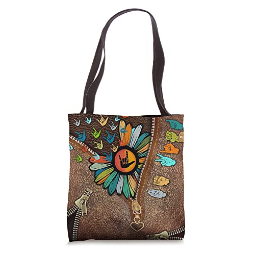 Sign Language ASL Zipper-Leather-Daisy Flying Tote Bag