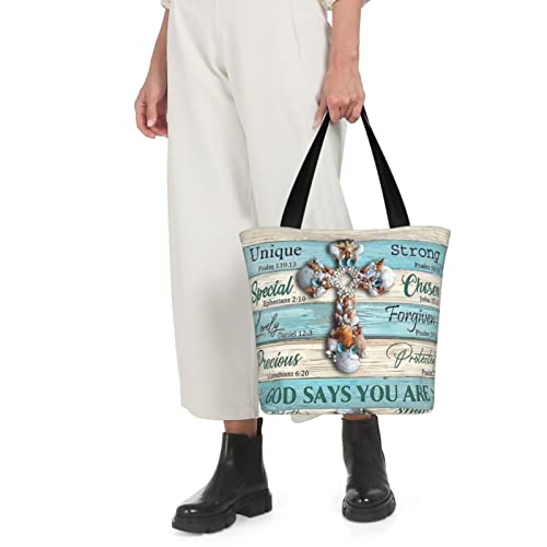 Tote Bag for Women Cutie Seashell Cross God Says You Are Shoulder Handbag Shopping Bags for Work Travel Business Beach School