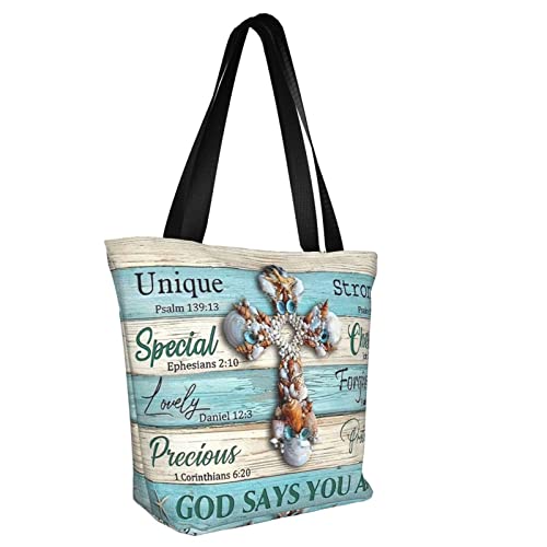 Tote Bag for Women Cutie Seashell Cross God Says You Are Shoulder Handbag Shopping Bags for Work Travel Business Beach School