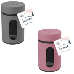 elegant salt and pepper shakers set | cruet set for kitchen, restaurants, cafe | glass and plastic salt and pepper set for table origination | pink, grey (grey), gray, 4.7*8cm, y11