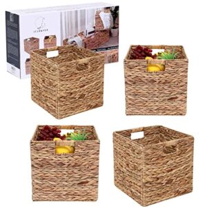 jcld&yo9 foldable handwoven water hyacinth storage baskets wicker cube baskets rectangular laundry organizer totes,set of 4 pcs,12x12x12inch