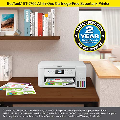 Epson EcoTank ET-2760 Wireless Color All-in-One Cartridge-Free Supertank Printer with Scanner and Copier. Full 1-Year Limited Warranty (Renewed Premium)