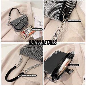 Rhinestone Saddle Bag for Women Rhinestone Crossbody Evening Bag,Clutch Bag Rhinestone Handbag Leather Crossbody Shoulder Purse (Silver)