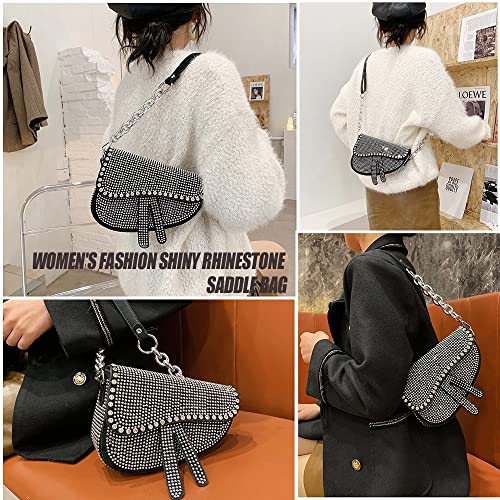 Rhinestone Saddle Bag for Women Rhinestone Crossbody Evening Bag,Clutch Bag Rhinestone Handbag Leather Crossbody Shoulder Purse (Silver)