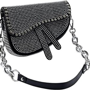 Rhinestone Saddle Bag for Women Rhinestone Crossbody Evening Bag,Clutch Bag Rhinestone Handbag Leather Crossbody Shoulder Purse (Silver)