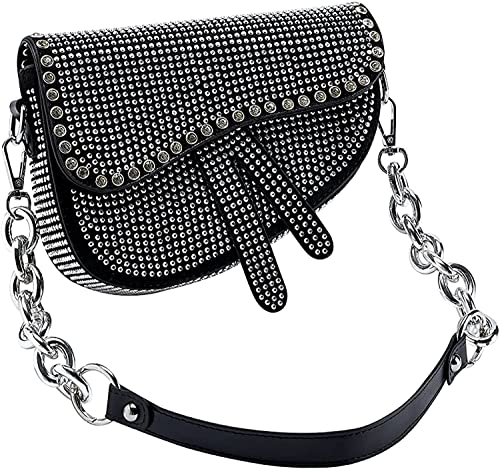 Rhinestone Saddle Bag for Women Rhinestone Crossbody Evening Bag,Clutch Bag Rhinestone Handbag Leather Crossbody Shoulder Purse (Silver)