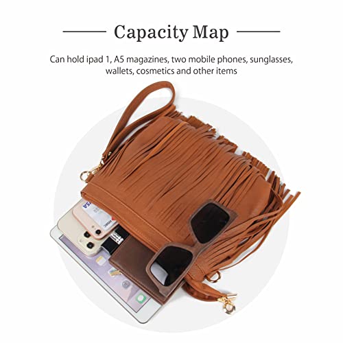 Fecialy Women Fringe Tassel Crossbody Bag Leather Shoulder Bag Clutch Purse Hobo Handbag with Wrist Strap Messenger bag