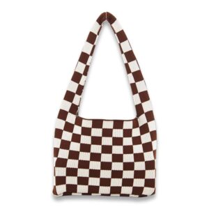 checkered bags for women, checkered purse, checkerboard tote bag, plaid tote handbag, versatile street fashion bag (brown white)