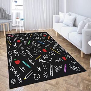 lokmu non-slip area rugs back to school blackboard chalk drawings crayons markers rulers home decor rugs carpet for classroom living room bedroom dining kindergarten room 5’x7′