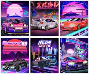 tokyo street racing wall art prints, japanese wall art modern urban neon posters, tokyo skyline mount fuji car canvas art painting for living room boys room wall decor, set of 6 – (8″x10″ unframed)