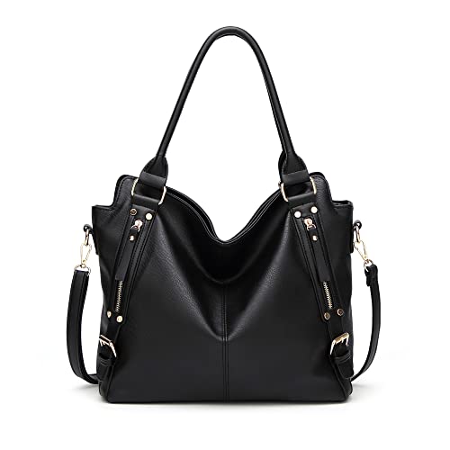 WIOLETA Leather Handbags for Women Shoulder Large Ladies Purse Satchel Tote Bag Crossbody Bag (Black)