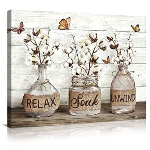 Farmhouse Bathroom Decor Wall Art Rustic Bathroom Art Mason Jar Theme Picture Relax Soak Unwind Sign Flower Canvas Picture Wood Background Bathroom Pictures Artwork Framed 12"X16"