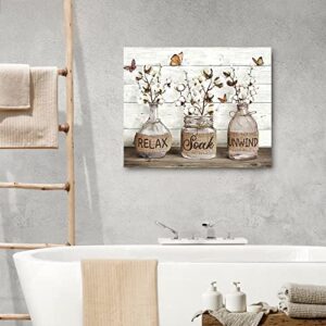 Farmhouse Bathroom Decor Wall Art Rustic Bathroom Art Mason Jar Theme Picture Relax Soak Unwind Sign Flower Canvas Picture Wood Background Bathroom Pictures Artwork Framed 12"X16"