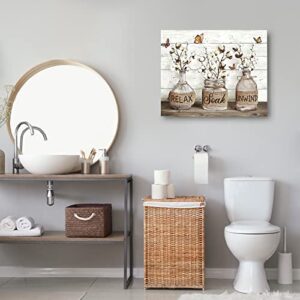 Farmhouse Bathroom Decor Wall Art Rustic Bathroom Art Mason Jar Theme Picture Relax Soak Unwind Sign Flower Canvas Picture Wood Background Bathroom Pictures Artwork Framed 12"X16"