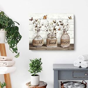 Farmhouse Bathroom Decor Wall Art Rustic Bathroom Art Mason Jar Theme Picture Relax Soak Unwind Sign Flower Canvas Picture Wood Background Bathroom Pictures Artwork Framed 12"X16"