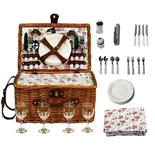 Picnic Basket for 4 Persons Wicker Picnic Set with Insulated Liner for Camping, Wedding, Birthday, Anniversary Day